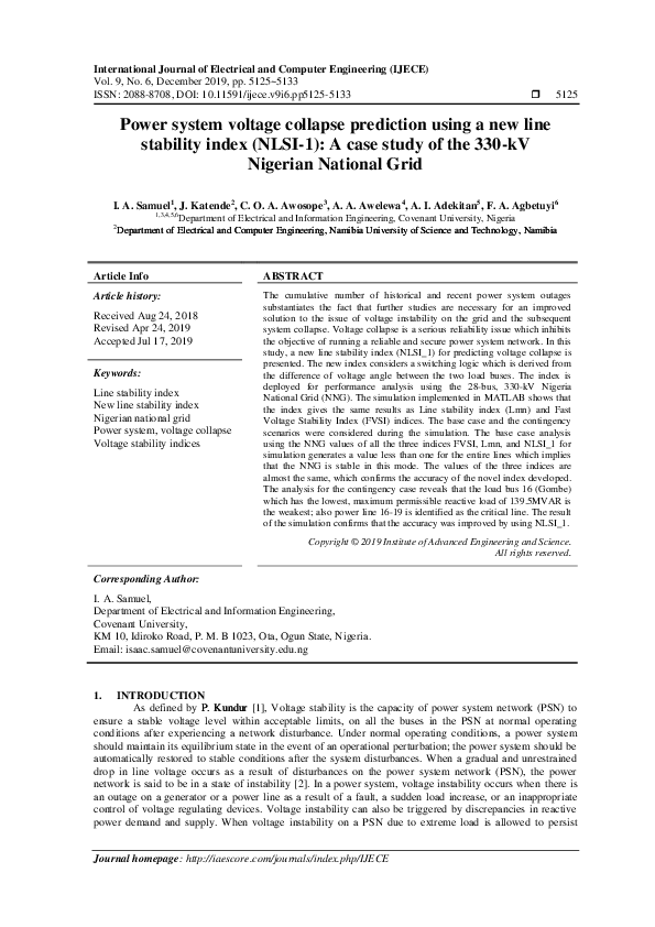 (PDF) Power system voltage collapse prediction using a new line stability index (NLSI-1): A case ...
