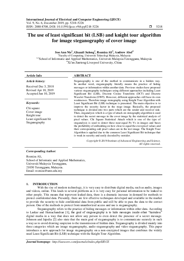 Pdf The Use Of Least Significant Bit Lsb And Knight Tour Algorithm For Image Steganography
