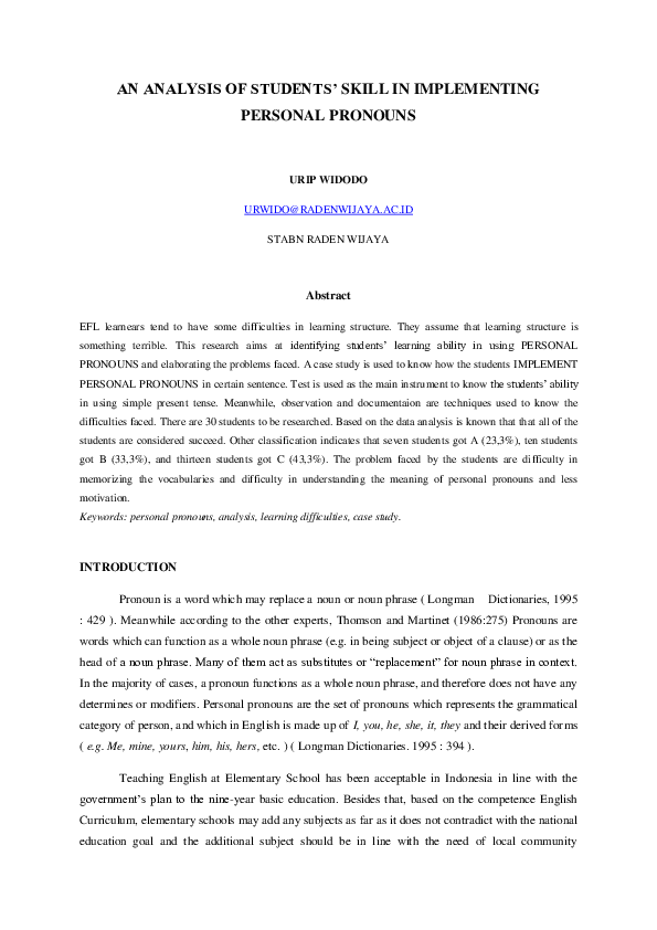 (PDF) AN ANALYSIS OF STUDENTS' SKILL IN IMPLEMENTING PERSONAL PRONOUNS ...