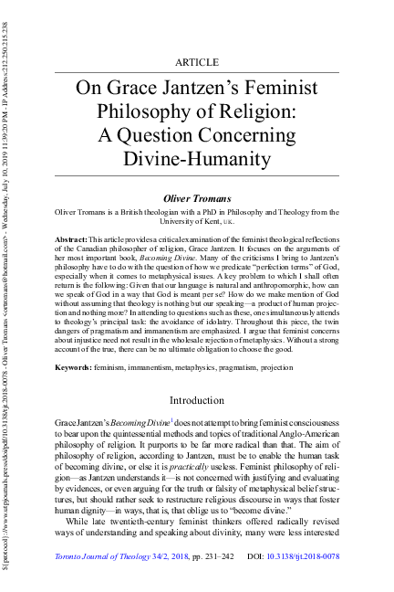 (PDF) On Grace Jantzen's Feminist Philosophy of Religion: A Question ...