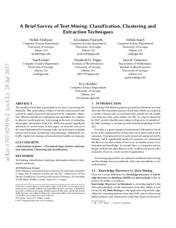 Pdf A Brief Survey Of Text Mining Classification Clustering And