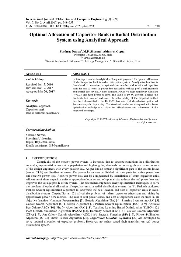 Pdf Optimal Allocation Of Capacitor Bank In Radial Distribution