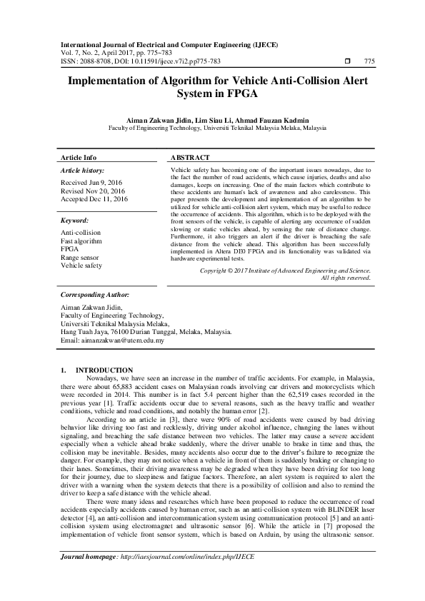 Pdf Implementation Of Algorithm For Vehicle Anti Collision Alert