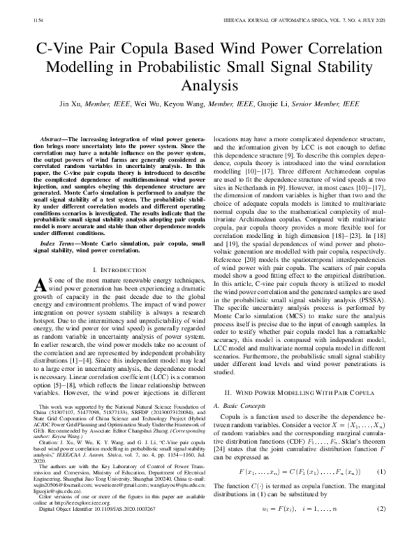 (PDF) C-Vine Pair Copula Based Wind Power Correlation Modelling in Probabilistic Small Signal ...