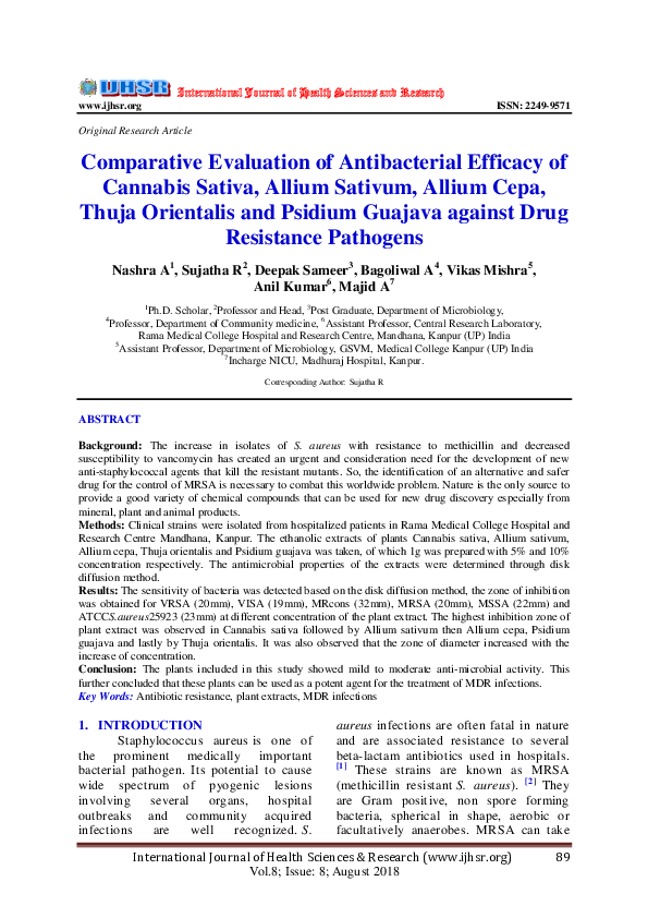 (PDF) Comparative Evaluation of Antibacterial Efficacy of Cannabis Sativa, Allium Sativum ...