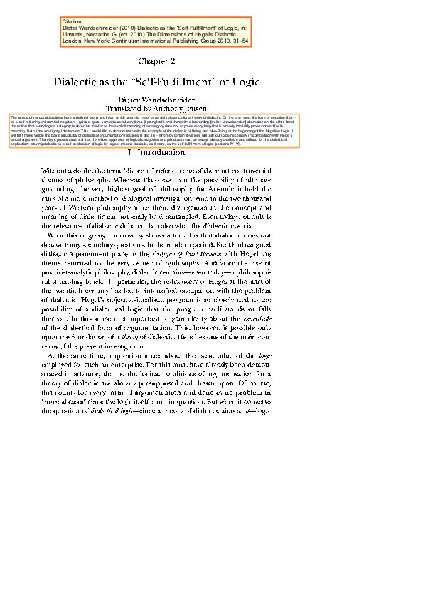 (PDF) Dialectic as the 'Self-Fulfillment' of Logic