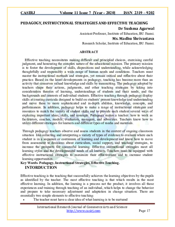 (PDF) PEDAGOGY, INSTRUCTIONAL STRATEGIES AND EFFECTIVE TEACHING