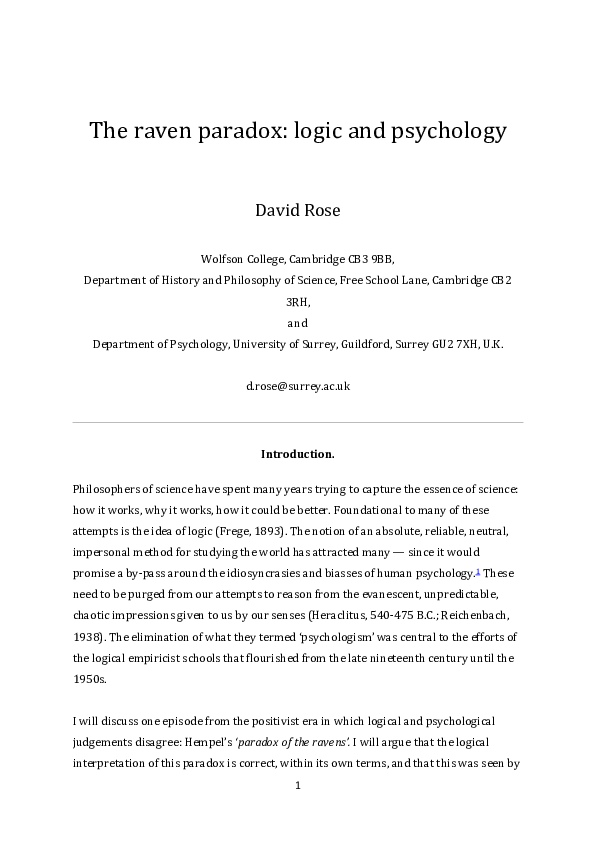 (PDF) The raven paradox: logic and psychology
