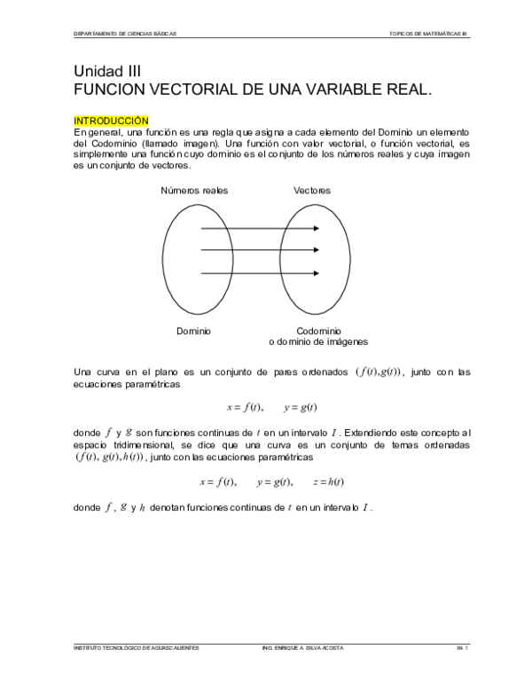 (DOC) Unidad III Calculo Vectorial: Función vectorial de una variable real