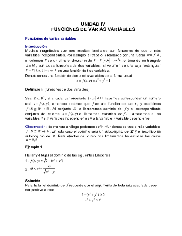 (DOC) UNIDAD IV Calculo Vectorial: Funciones de varias variables