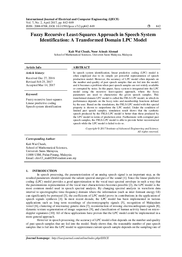 Pdf Fuzzy Recursive Least Squares Approach In Speech System Identification A Transformed