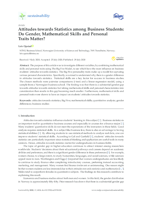 (PDF) Attitudes towards Statistics among Business Students: Do Gender, Mathematical Skills and ...
