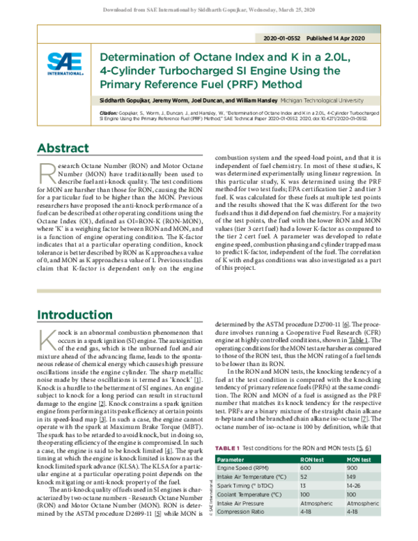 (PDF) Determination of Octane Index and K in a 2.0L, 4-Cylinder ...
