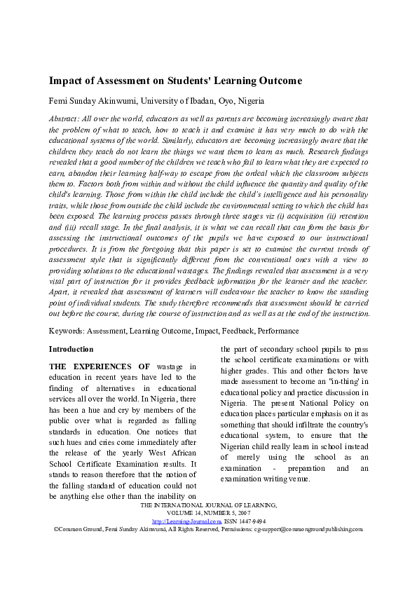 (PDF) Impact of Assessment on Students' Learning Outcome