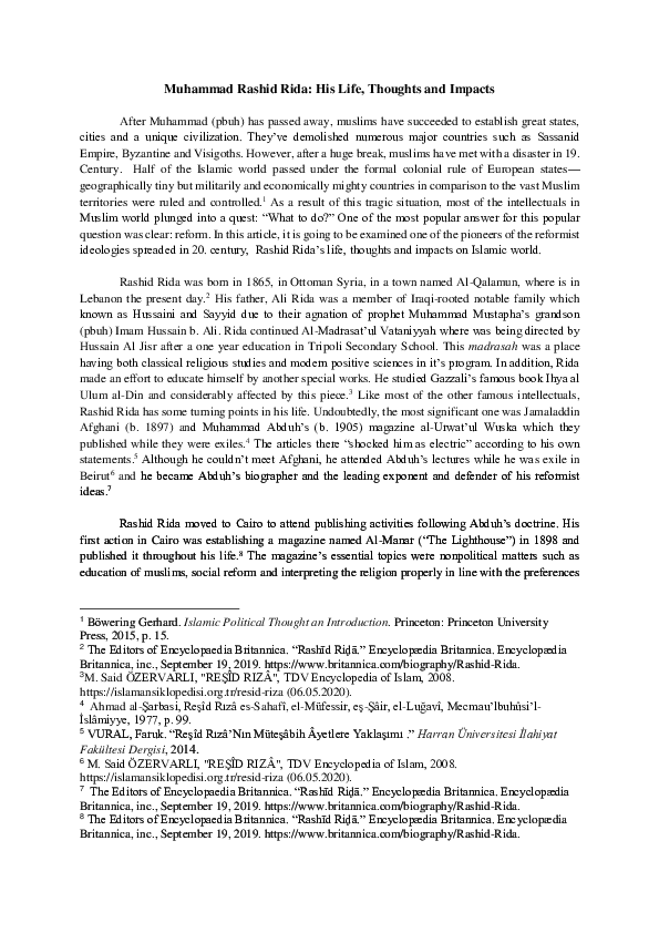 (PDF) Muhammad Rashid Rida: His Life, Thoughts and Impacts