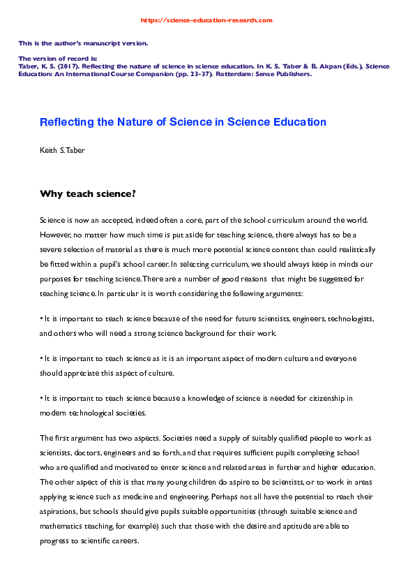 (PDF) Reflecting the Nature of Science in Science Education Why teach ...