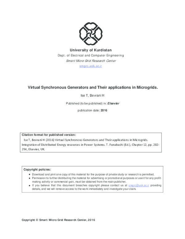 Pdf Virtual Synchronous Generators And Their Applications In Microgrids
