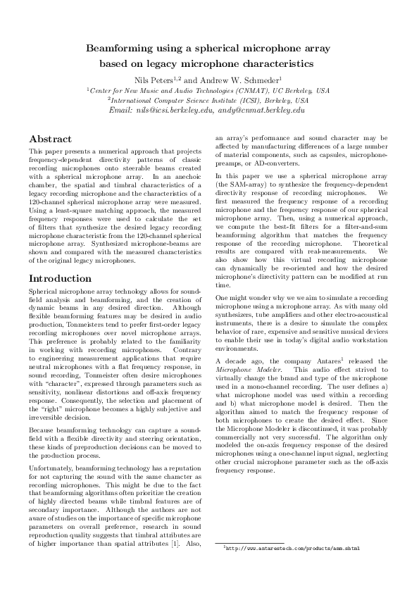 Pdf Beamforming Using A Spherical Microphone Array Based On Legacy