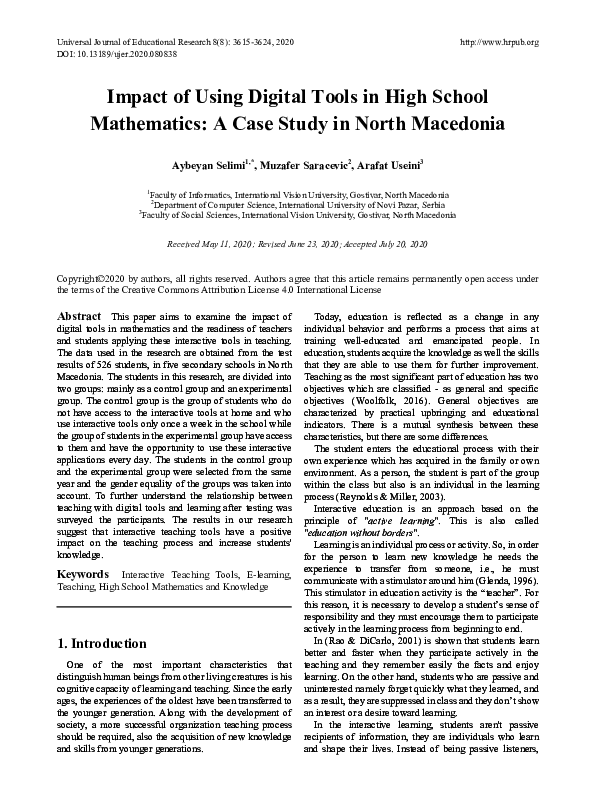 (PDF) Impact of Using Digital Tools in High School Mathematics: A Case ...