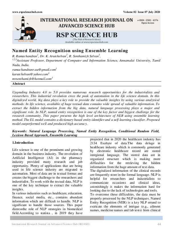 (PDF) Named Entity Recognition using Ensemble Learning