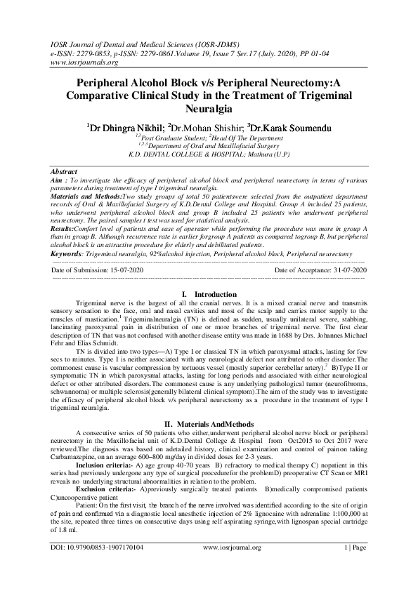 (PDF) Peripheral Alcohol Block v/s Peripheral Neurectomy:A Comparative ...