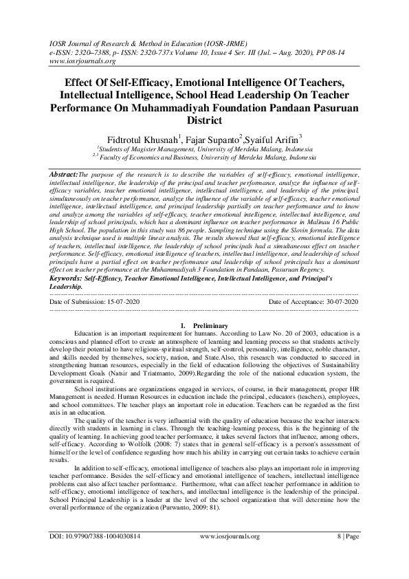 (PDF) Effect Of Self-Efficacy, Emotional Intelligence Of Teachers, Intellectual Intelligence ...
