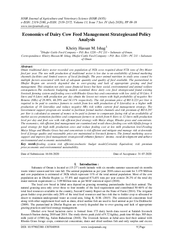 (PDF) Economics of Dairy Cow Feed Management Strategiesand Policy Analysis