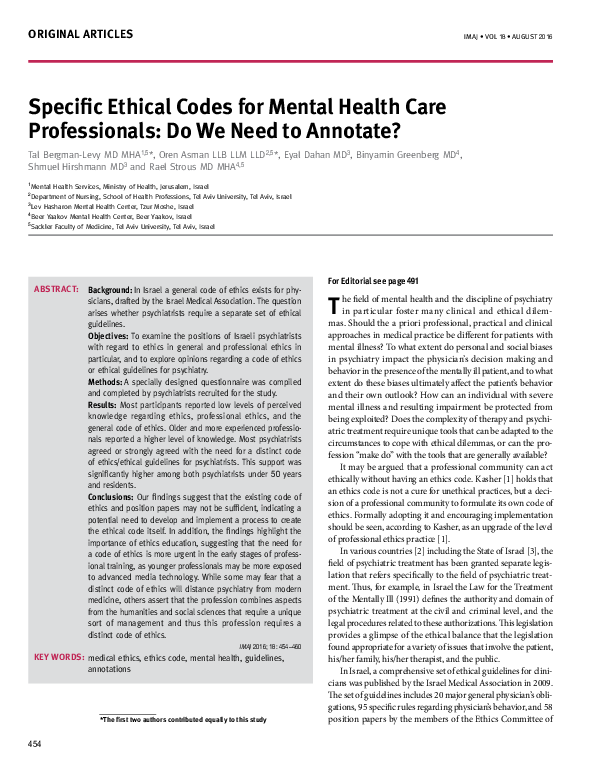 (PDF) Specific ethical codes for mental health care professionals –Do ...