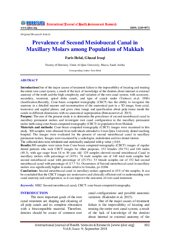 Pdf Prevalence Of Second Mesiobuccal Canal In Maxillary Molars Among