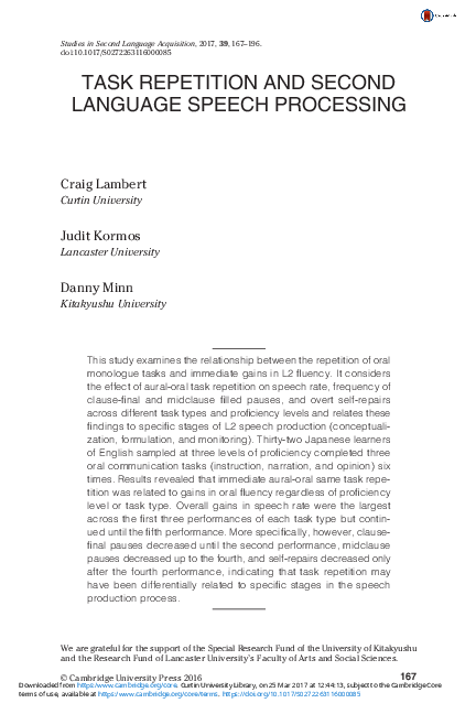 (PDF) (2017) Task Repetition and Second Language Speech Processing