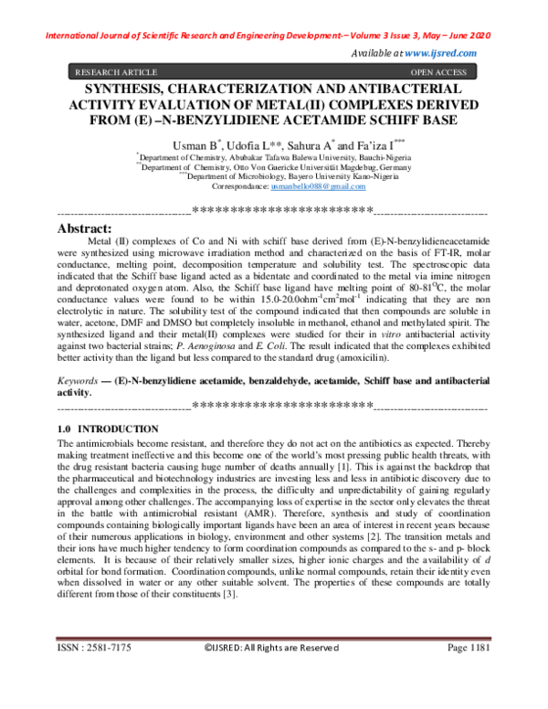 (PDF) SYNTHESIS, CHARACTERIZATION AND ANTIBACTERIAL ACTIVITY EVALUATION OF METAL(II) COMPLEXES ...