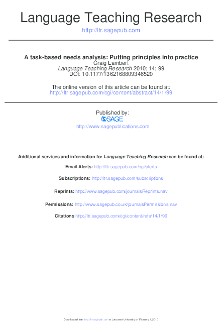 (PDF) (2010) Task-Based Needs Analysis: Putting Principles into Practice