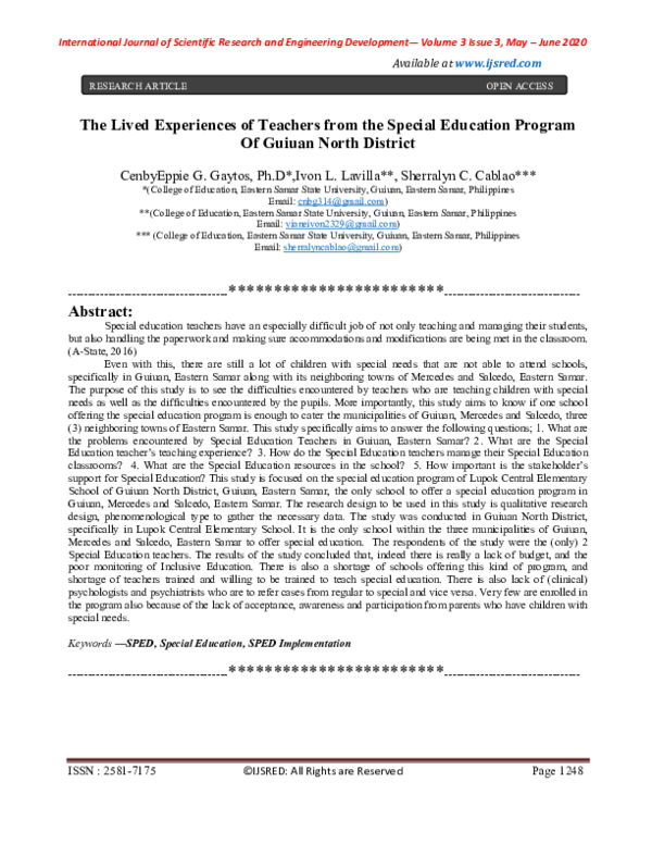 (PDF) The Lived Experiences of Teachers from the Special Education ...