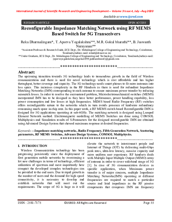 Pdf Reconfigurable Impedance Matching Network Using Rf Mems Based
