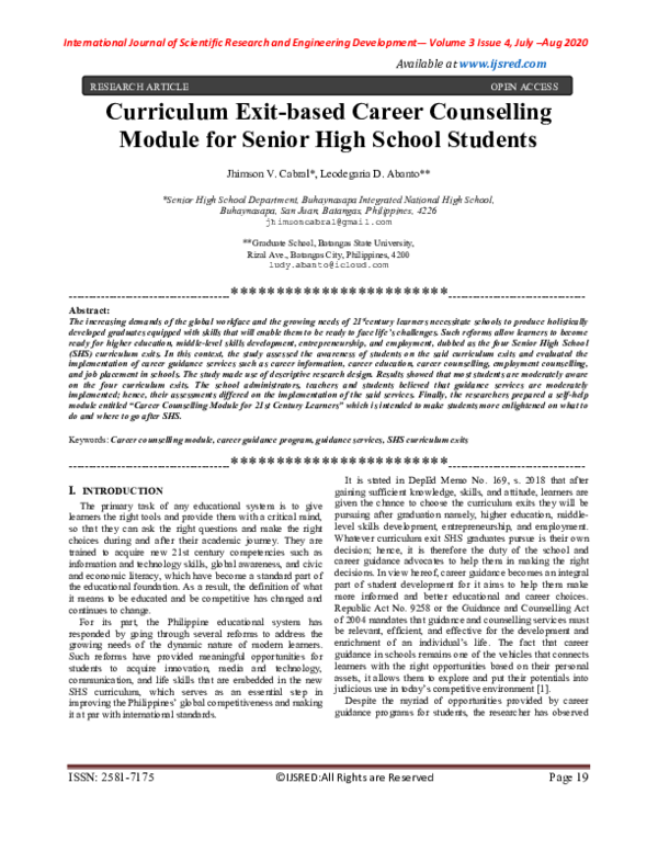 (PDF) Curriculum Exit-based Career Counselling Module for Senior High ...