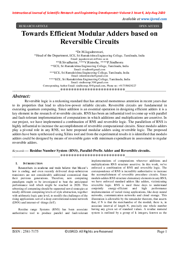 (PDF) Towards Efficient Modular Adders based on Reversible Circuits