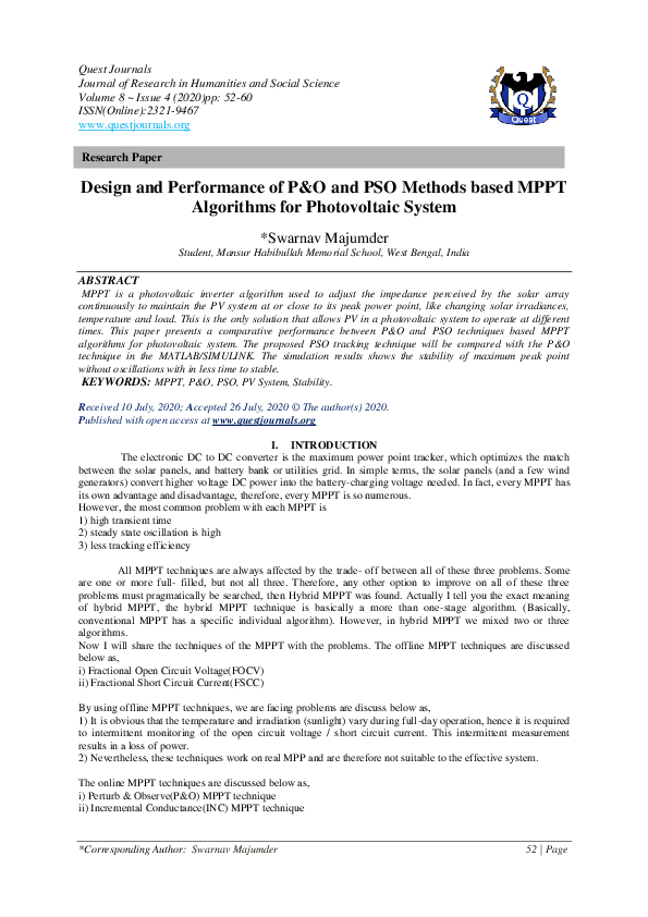 Pdf Design And Performance Of Pando And Pso Methods Based Mppt Algorithms For Photovoltaic System