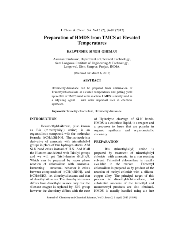 (PDF) Preparation of HMDS from TMCS at Elevated Temperatures
