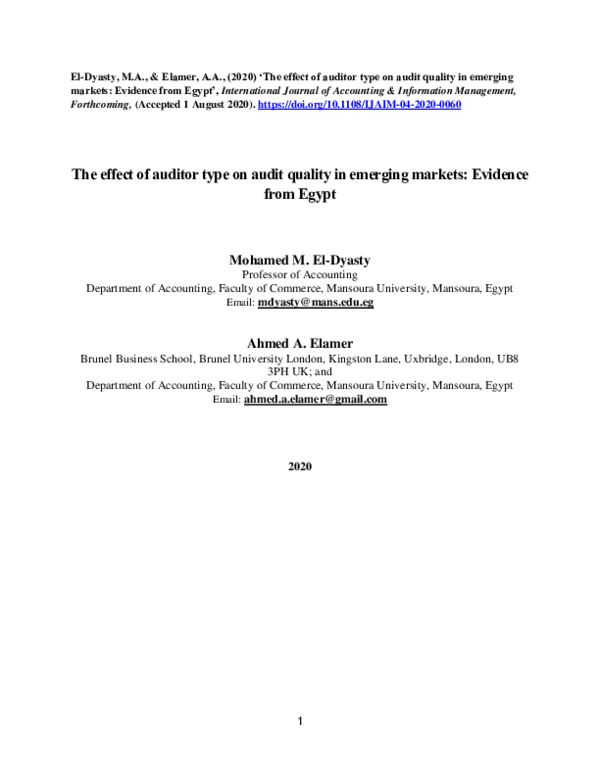 (PDF) The effect of auditor type on audit quality in emerging markets ...