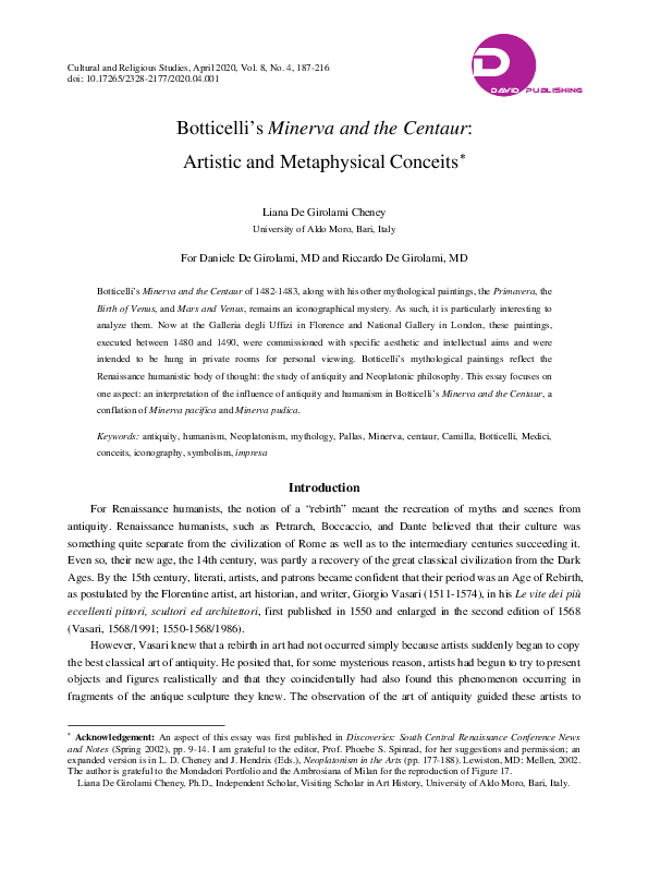 (PDF) Botticelli's Minerva and the Centaur: Artistic and Metaphysical ...