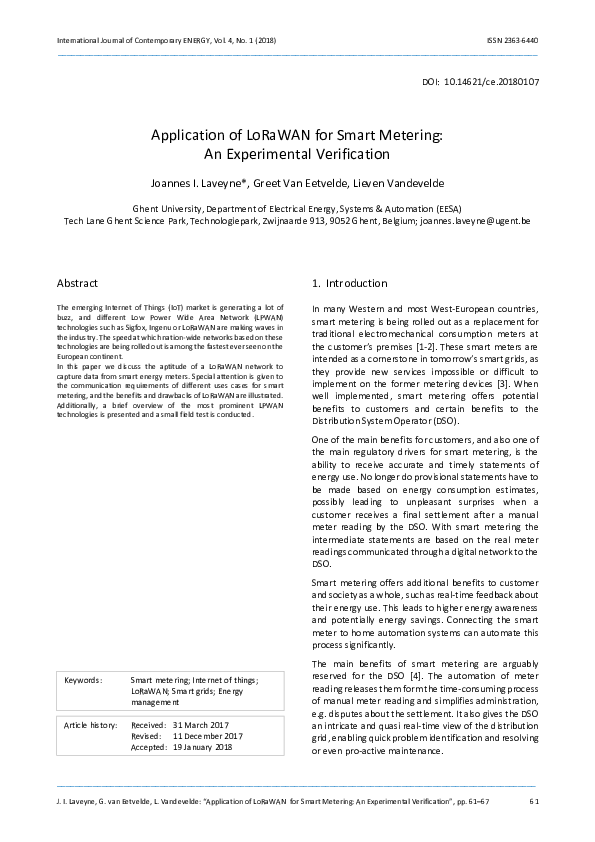 (PDF) Application of LoRaWAN for smart metering: an experimental verification