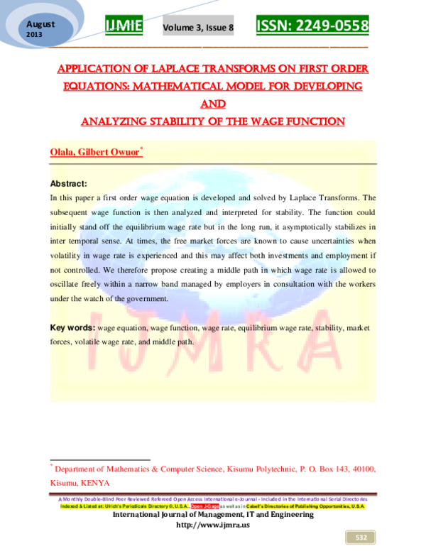 (PDF) APPLICATION OF LAPLACE TRANSFORMS ON FIRST ORDER EQUATIONS ...