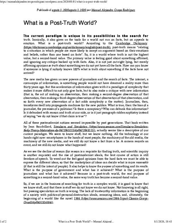 (PDF) What is a Post-Truth World?