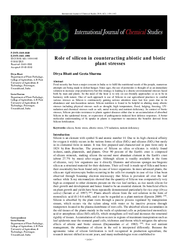 (PDF) Role of silicon in counteracting abiotic and biotic plant stresses
