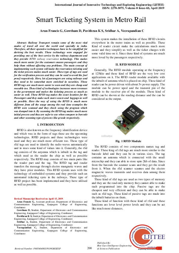 (PDF) SMART TICKETING SYSTEM IN METRO RAIL