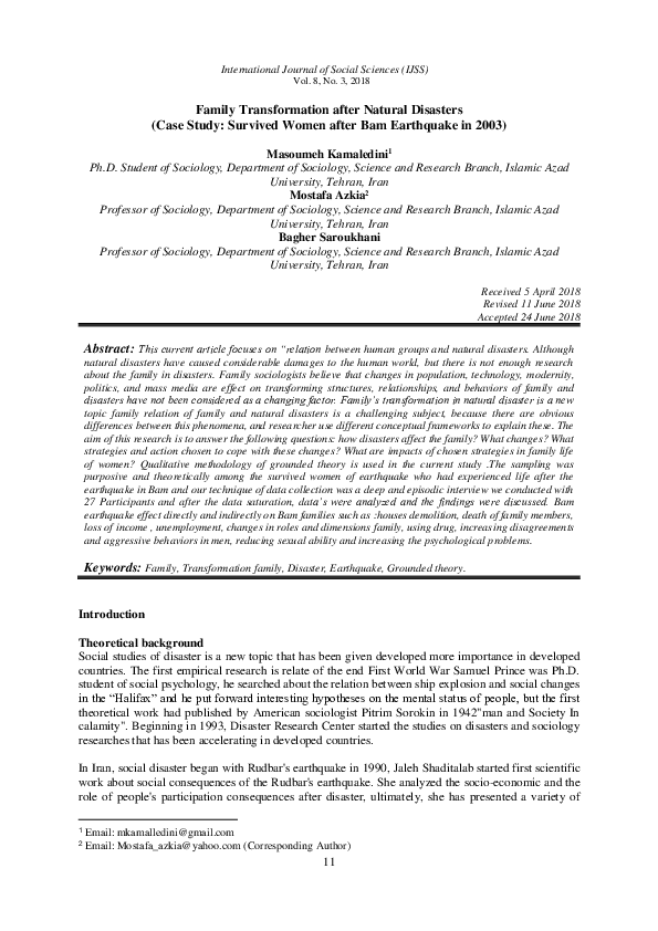 (PDF) Family Transformation after Natural Disasters (Case Study ...