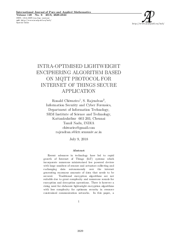 (PDF) INTRA-OPTIMISED LIGHTWEIGHT ENCIPHERING ALGORITHM BASED ON MQTT PROTOCOL FOR INTERNET OF ...