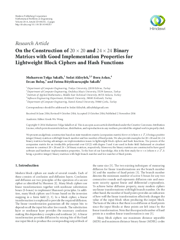 (PDF) On the Construction of 20 × 20 and 2 4 × 24 Binary Matrices with Good Implementation ...