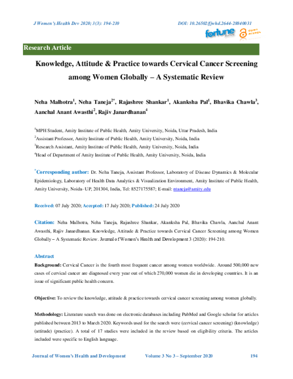 (PDF) Knowledge, Attitude & Practice towards Cervical Cancer Screening among Women Globally -A ...