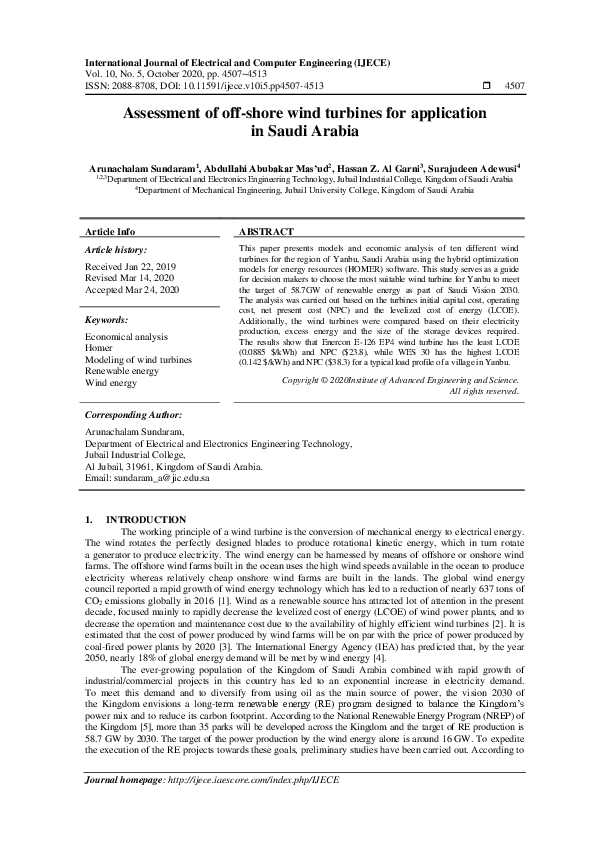 (PDF) Assessment of off-shore wind turbines for application in Saudi Arabia